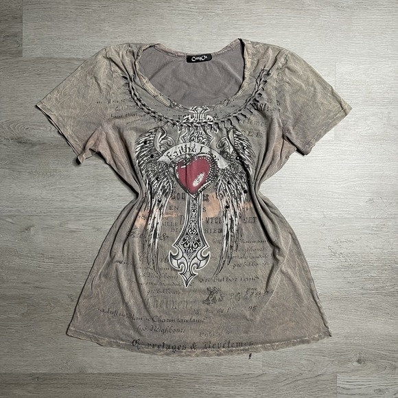 Cotty On | Tops | Vintage Cotty On Gray Jeweled Cross Wings Heart Tee ...